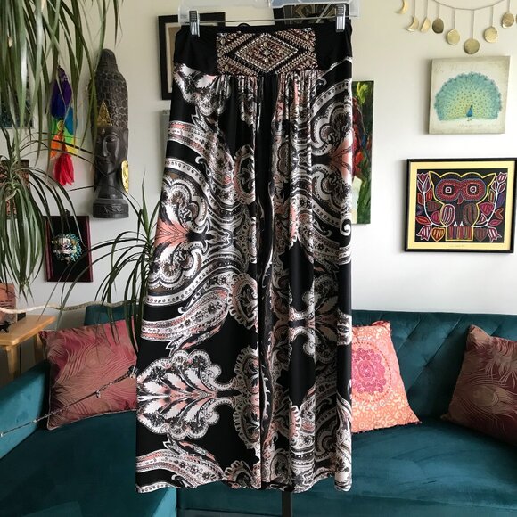 VENUS | Skirts | Venus Size M Long Black Paisley Stretch Jersey Beaded ...